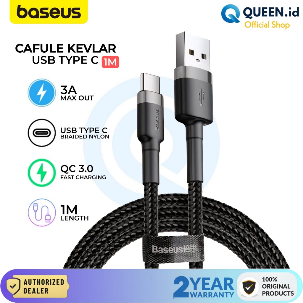 Jual Baseus Cafule Kevlar Kabel Data Charger USB TYPE C 3A 1M 100cm QC 3.0 Fast Charging Braided ...