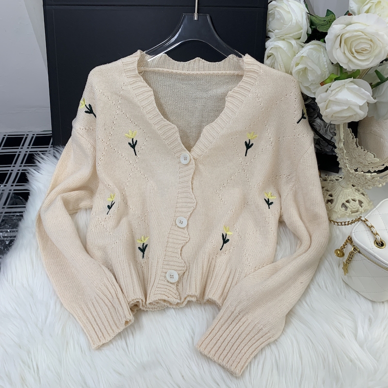 Jual Karley - Kardigan rajutan atasan rajutan kerah V pita lengan panjang | Shopee Indonesia