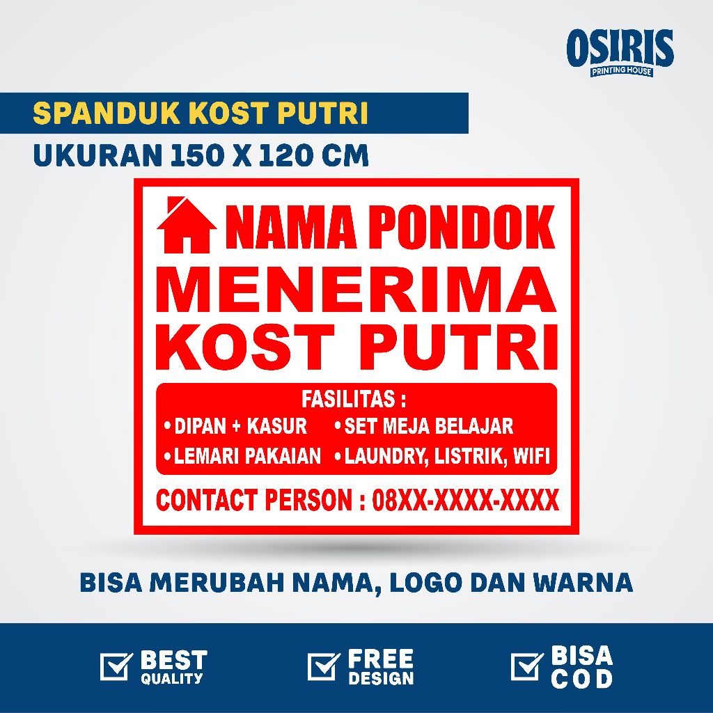 Jual CETAK SPANDUK/BANNER KOST PUTRI - UKURAN 150 X 120 CM | Shopee ...