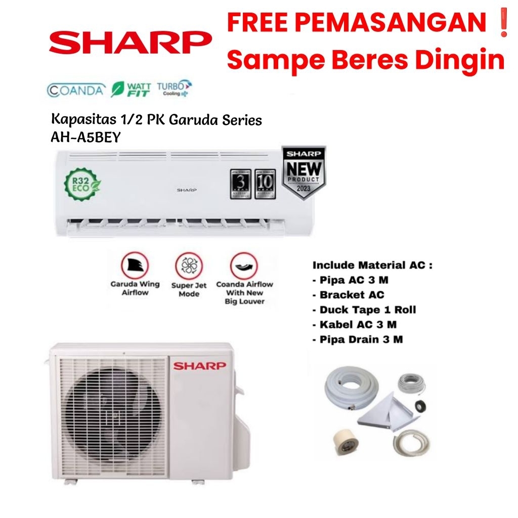 Jual FREE PEMASANGAN! AC SHARP 1/2 PK - Turbo Cooling R32 AH-A5BEY GARUDA SERIES Auto Swing ...