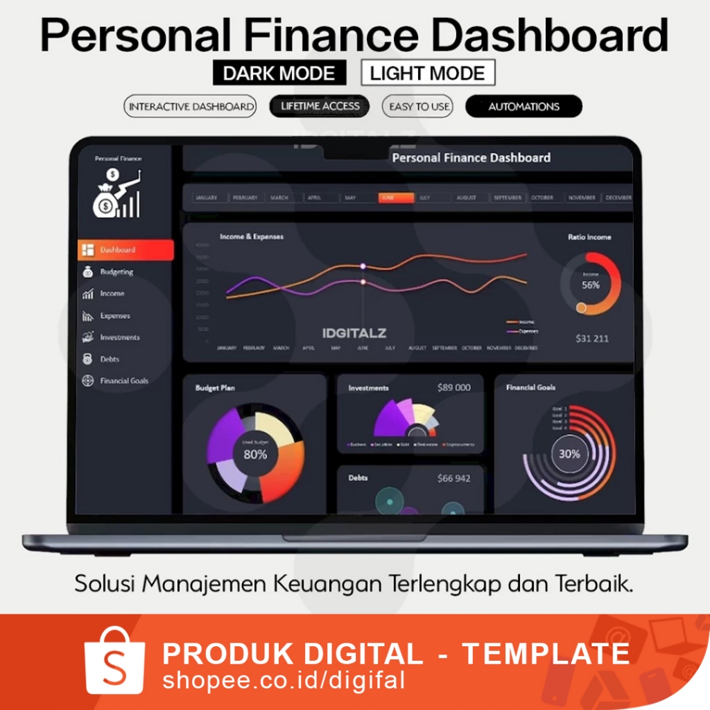 Jual Personal Finance Dashboard Template Excel (Dark & Light Mode) - Solusi Manajemen Laporan ...