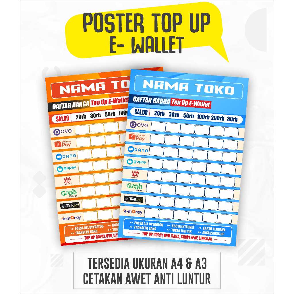 Jual STIKER POSTER DAFTAR HARGA TOP UP E-WALLET E WALLET BISA CUSTOM ...