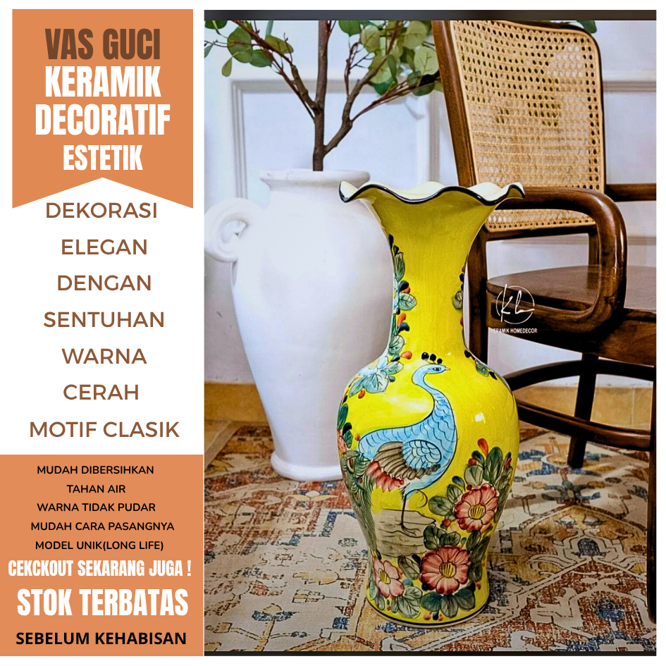 Jual Vas Guci Keramik Estetik Handmade Lukis Tangan Motif Floral Burung ...