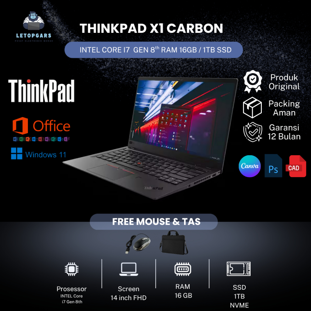 Jual Lenovo Thinkpad X1 Carbon 6 i7 Gen 8th RAM 16GB/1TB SSD FREE TAS ...