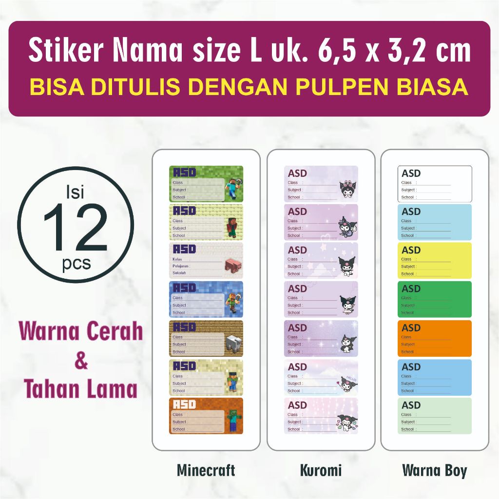 Jual Stiker Label Nama Anak Custom Ukuran L isi 12 pcs Sticker HVS Bisa ...