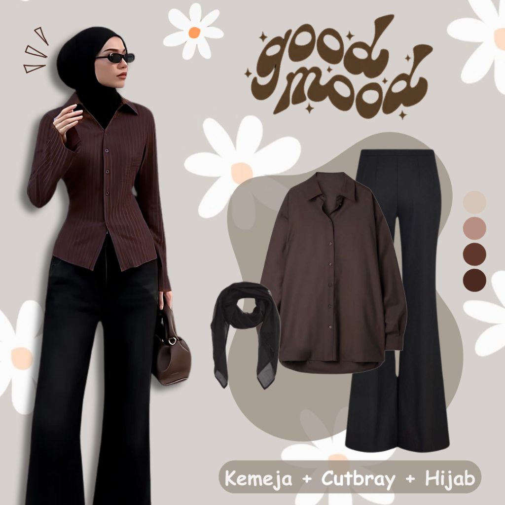 Jual Setelan Outfit Wanita Elegant | Kemeja Coklat + Celana Cutbray ...