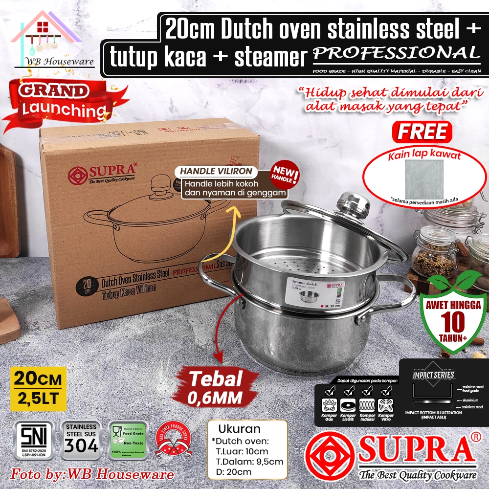 Jual SUPRA Dutch Oven 20cm Stainless Steel SUS 304 + steamer + Tutup ...