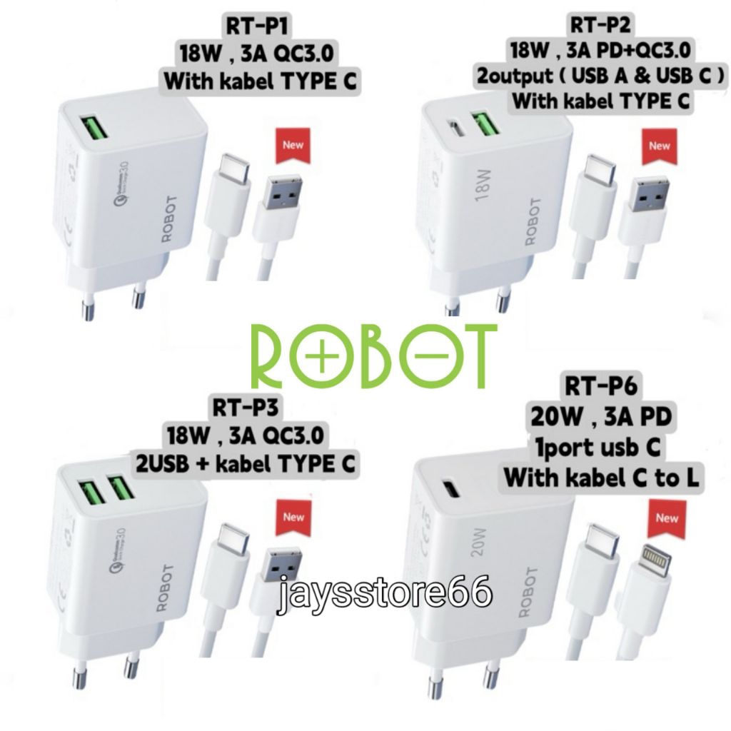 Jual charger ROBOT model RT-P6 PD20W TYPE-C TO LIGHTNING RT-P1 & RT-P2 & RT-P3 18W Quick charger ...