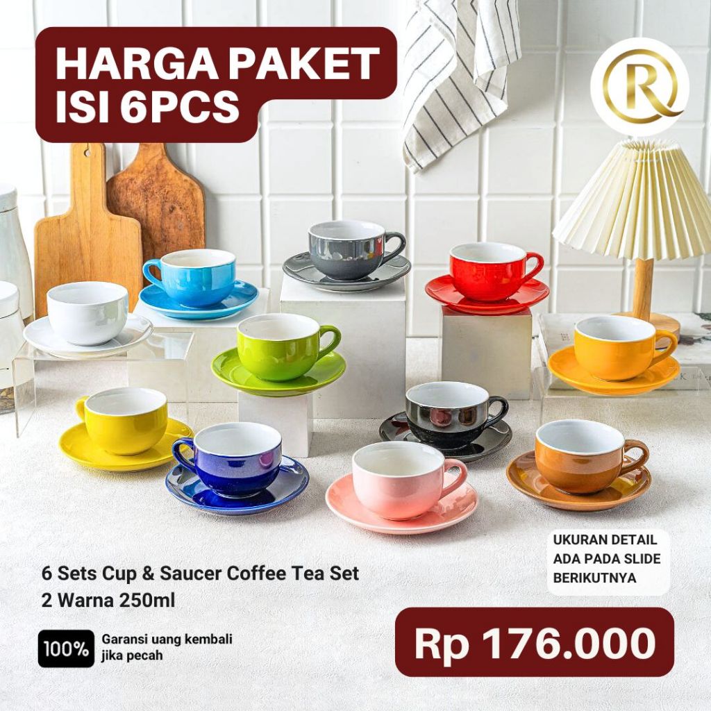 Jual 6 Sets Cup & Saucer Coffee Tea Set 2 Warna Porcelain Keramik 250ml ...