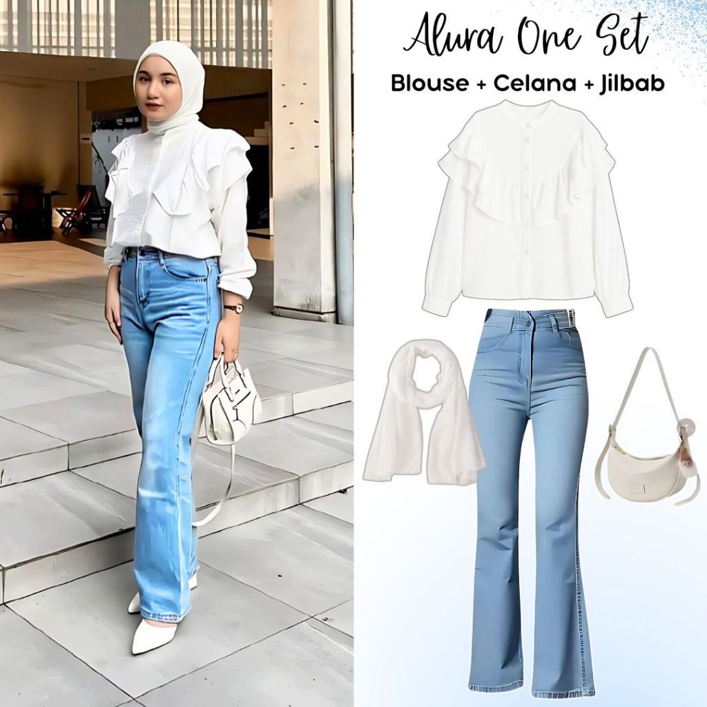 Jual one set 3in1 blouse ruffle polo + celana cutbray + jilbab ...