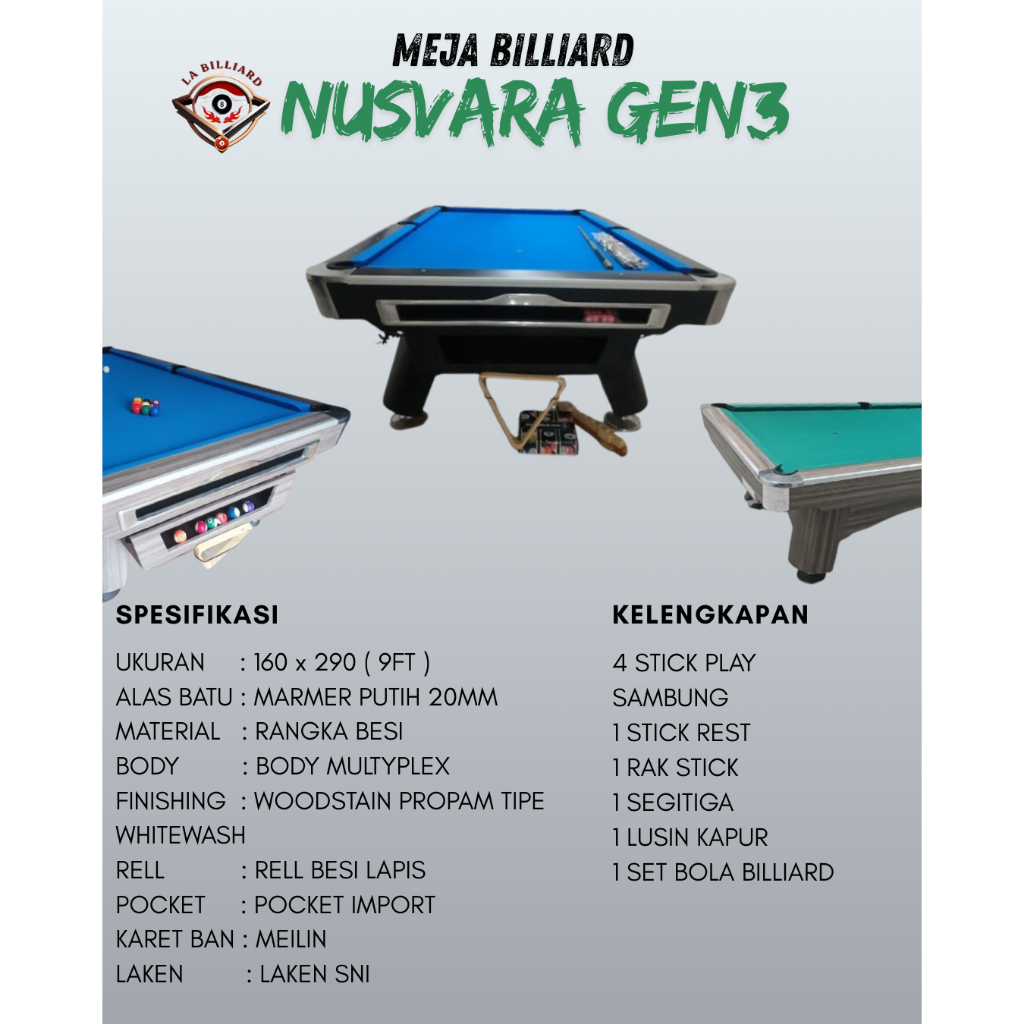 Jual Meja Billiard 9FT NUSVARA Gen 3 | Full Set Stik Bola Segitiga ...
