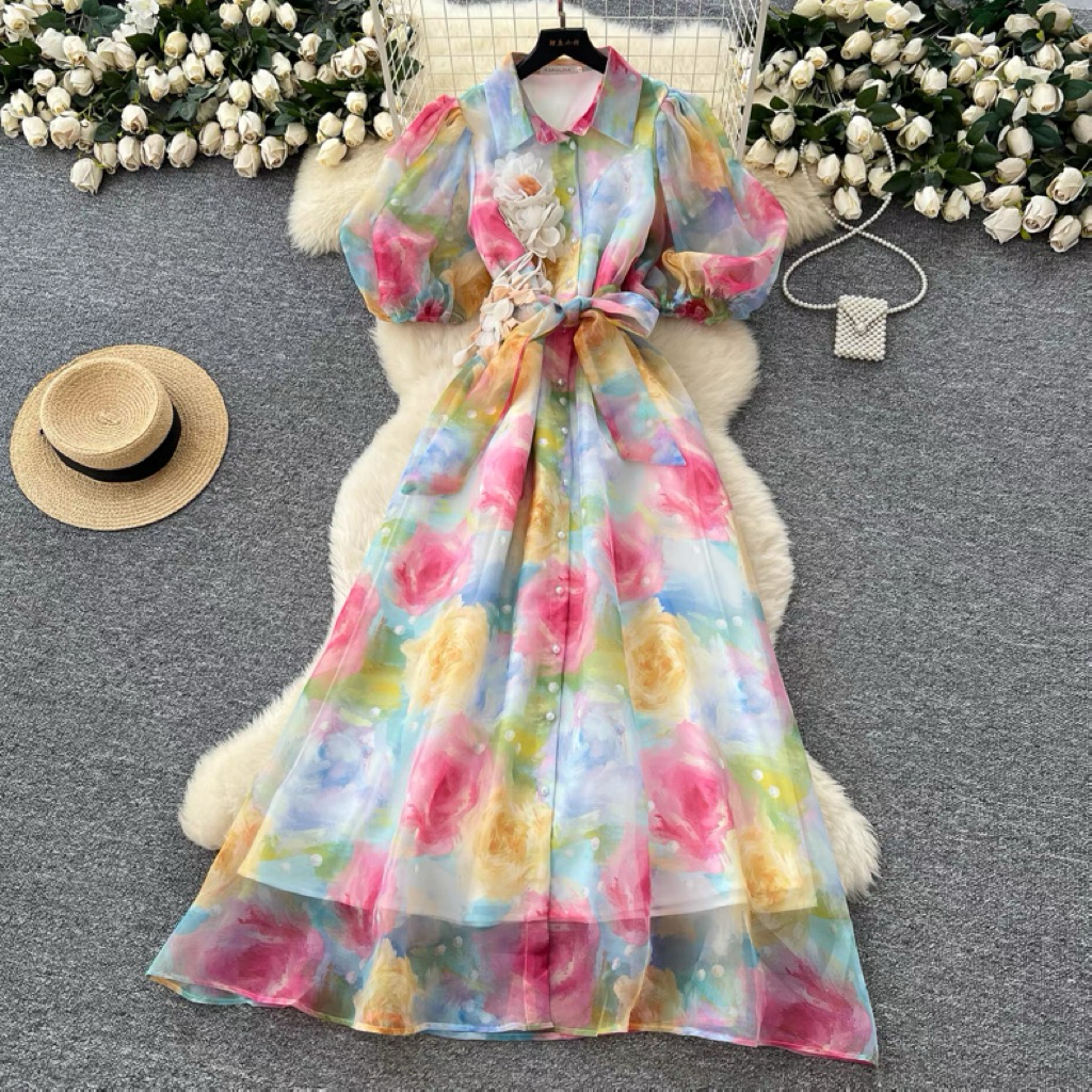 Jual Dress Floral Elegan Lengan Puff 2025 – Maxi Longgar dengan Ikat ...