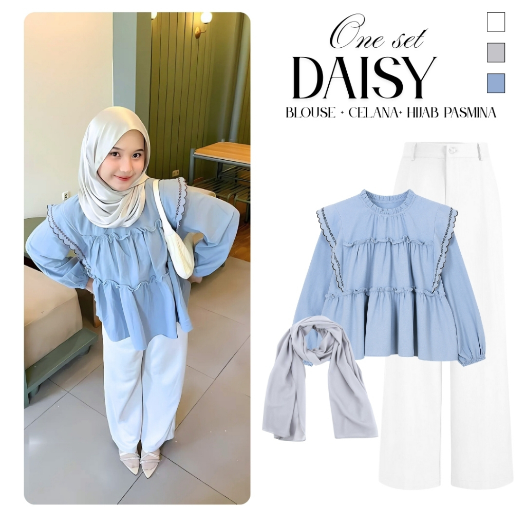 Jual One Set Remaja Kekinian 3in1 (Blouse, Celana, Hijab) Setelan ...