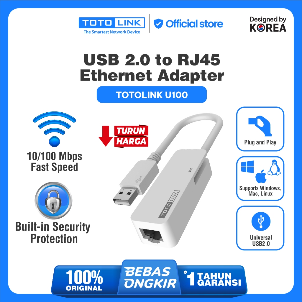 Jual TOTOLINK USB TO RJ45 ETHERNET ADAPTER / USB TO LAN ADAPTOR U100 ...
