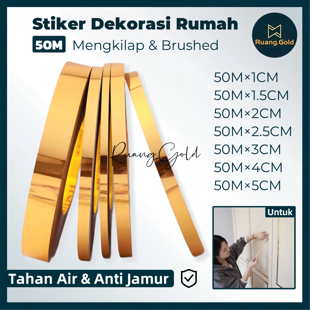 Jual Ready--Stiker List Emas 50M Roll/Lebar 1-5cm/Stiker Gold Untuk ...
