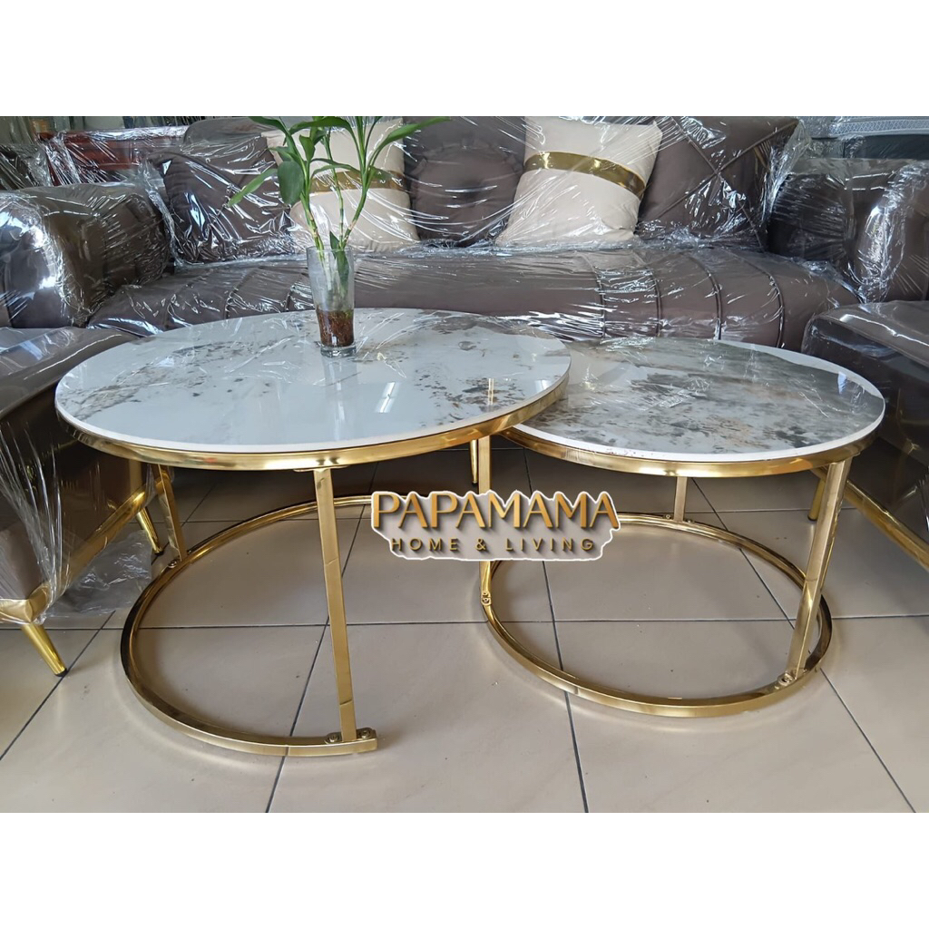 Jual Set Meja Tamu Bulat 2in1 Granit - Meja Tamu Stainless Gold ...