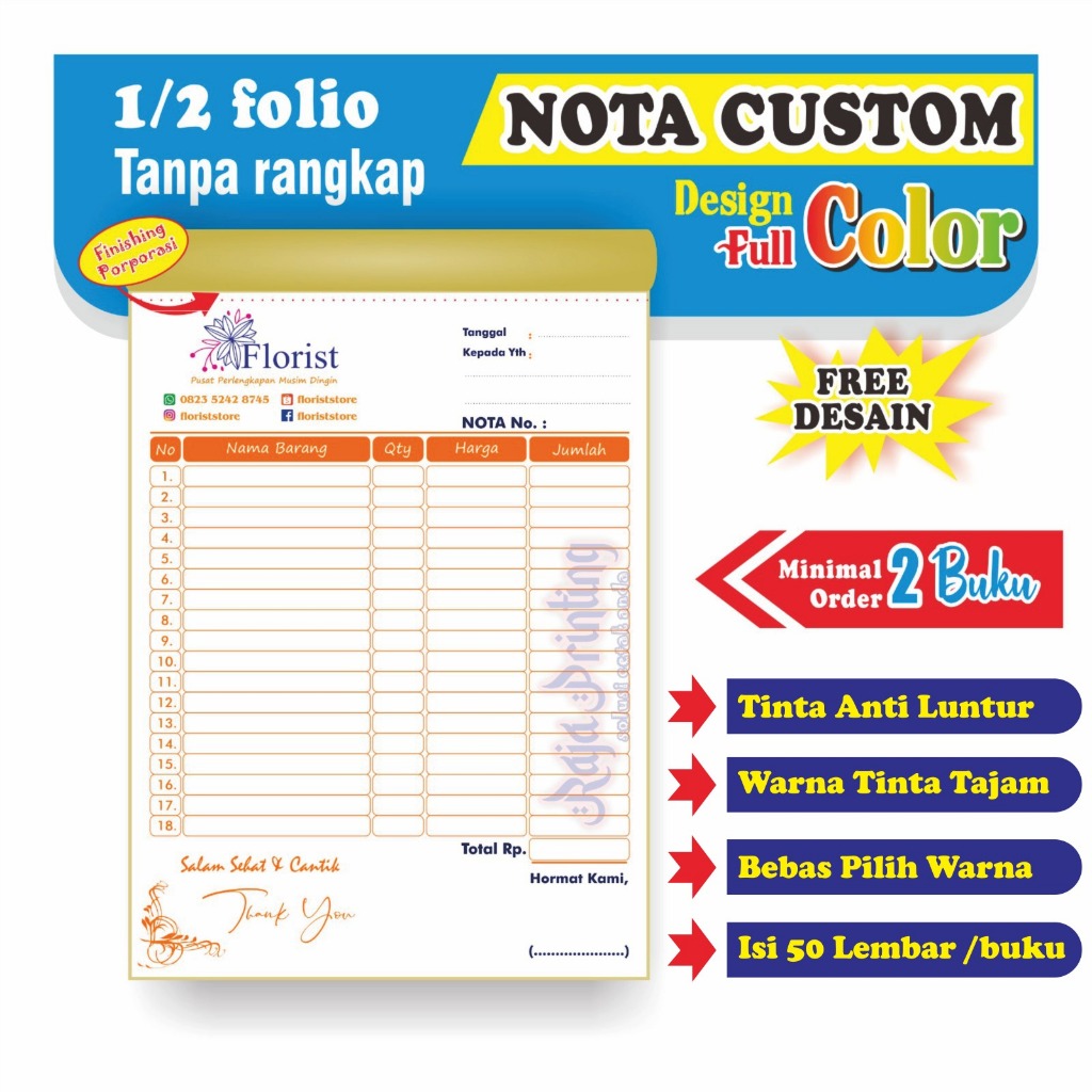 Jual Nota Custom Full color 1/2 folio tanpa rangkap gratis desain bisa ...
