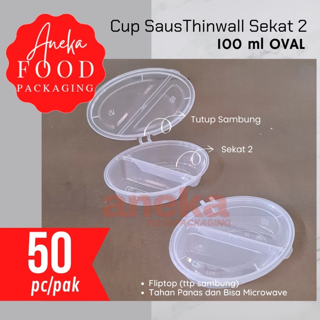 Jual 50pc- Tempat wadah 100ml OVAL sekat 2 saos plastik thinwall tahan ...