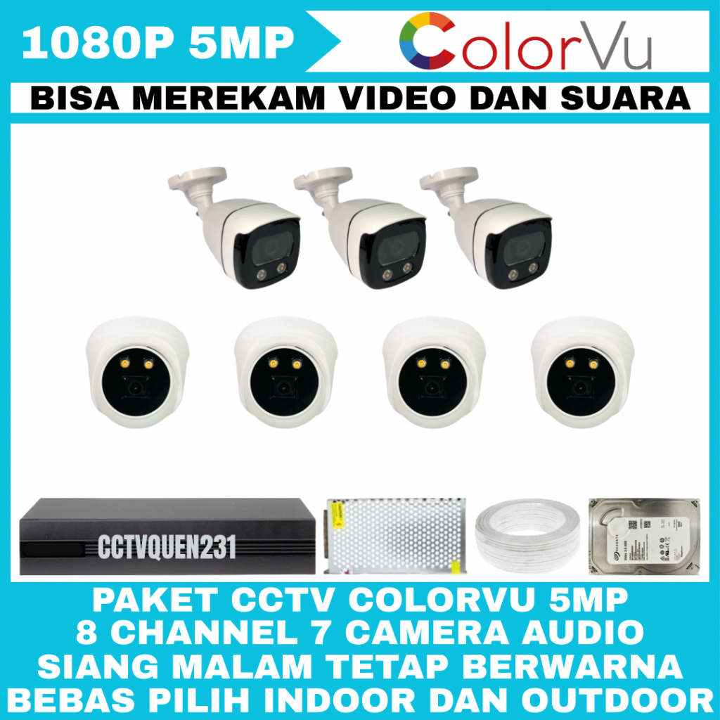 Jual PAKET CCTV COLORVU 5MP 8 CHANNEL 7 KAMERA FULL COLOR 1080P TURBO ...