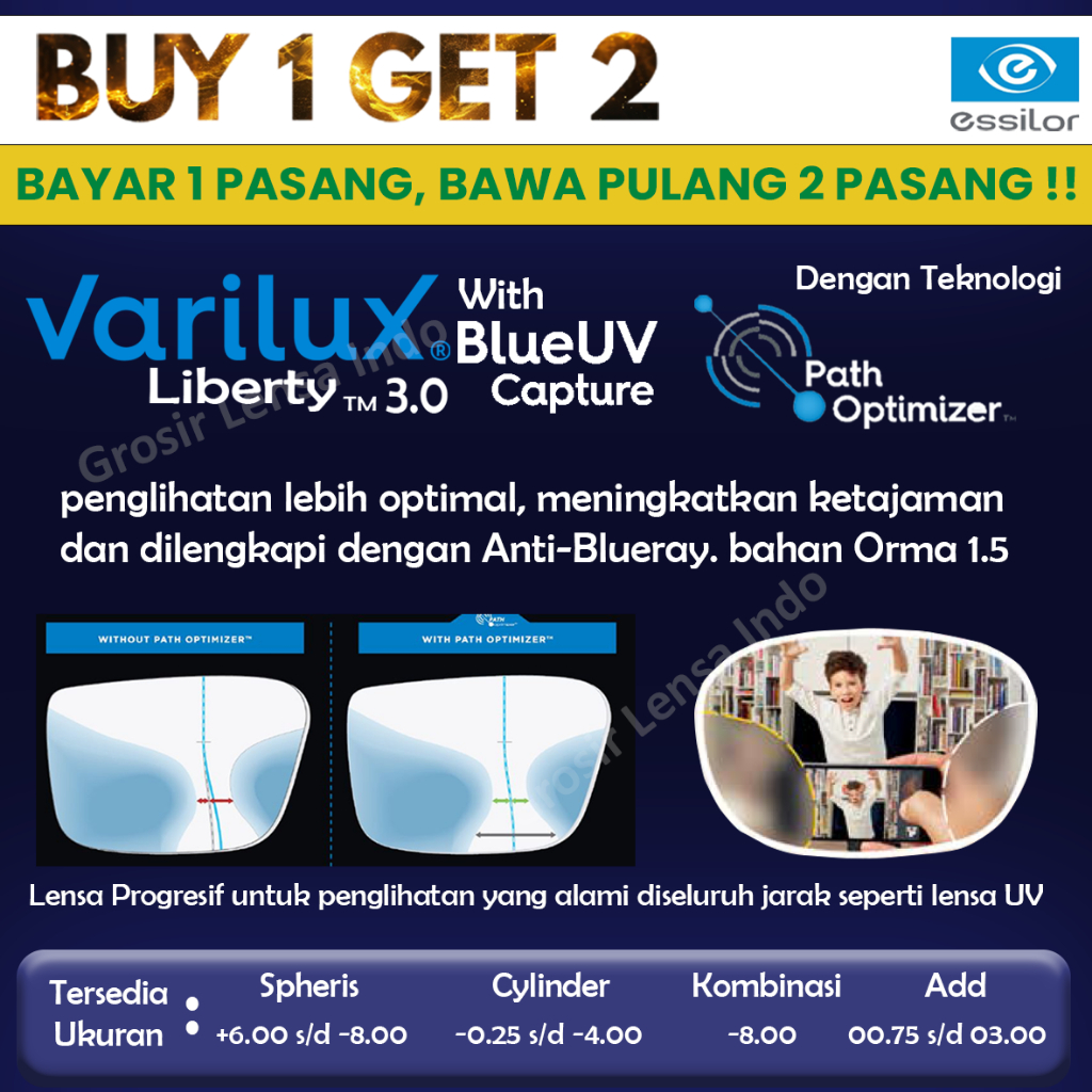 Jual Lensa progresif Essilor Varilux Liberty Digital orma 1.5 BLUE UV ...
