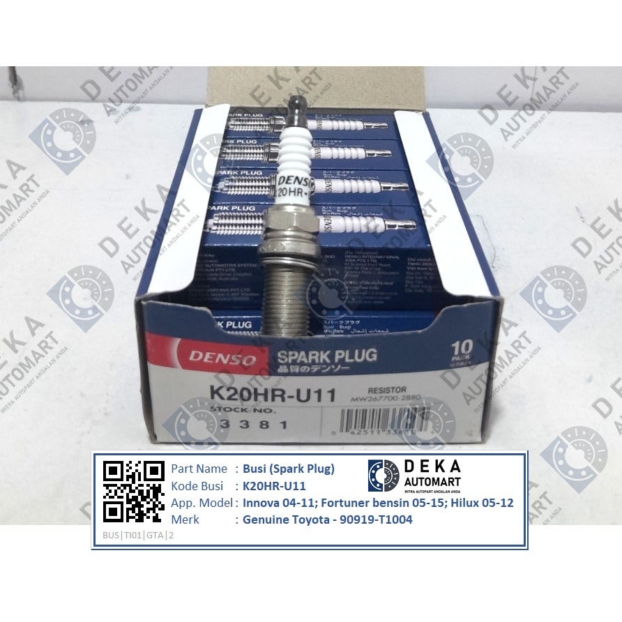 Jual Busi (Spark Plug) K20HR-U11 Denso untuk Innova 04-11; Fortuner ...