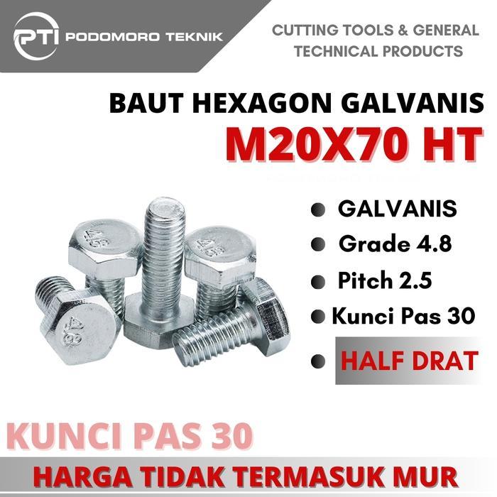 Jual Baut Hexagon Galvanise 4.8 M20x70 Kunci 30 High Tensile Bolt HTB ...