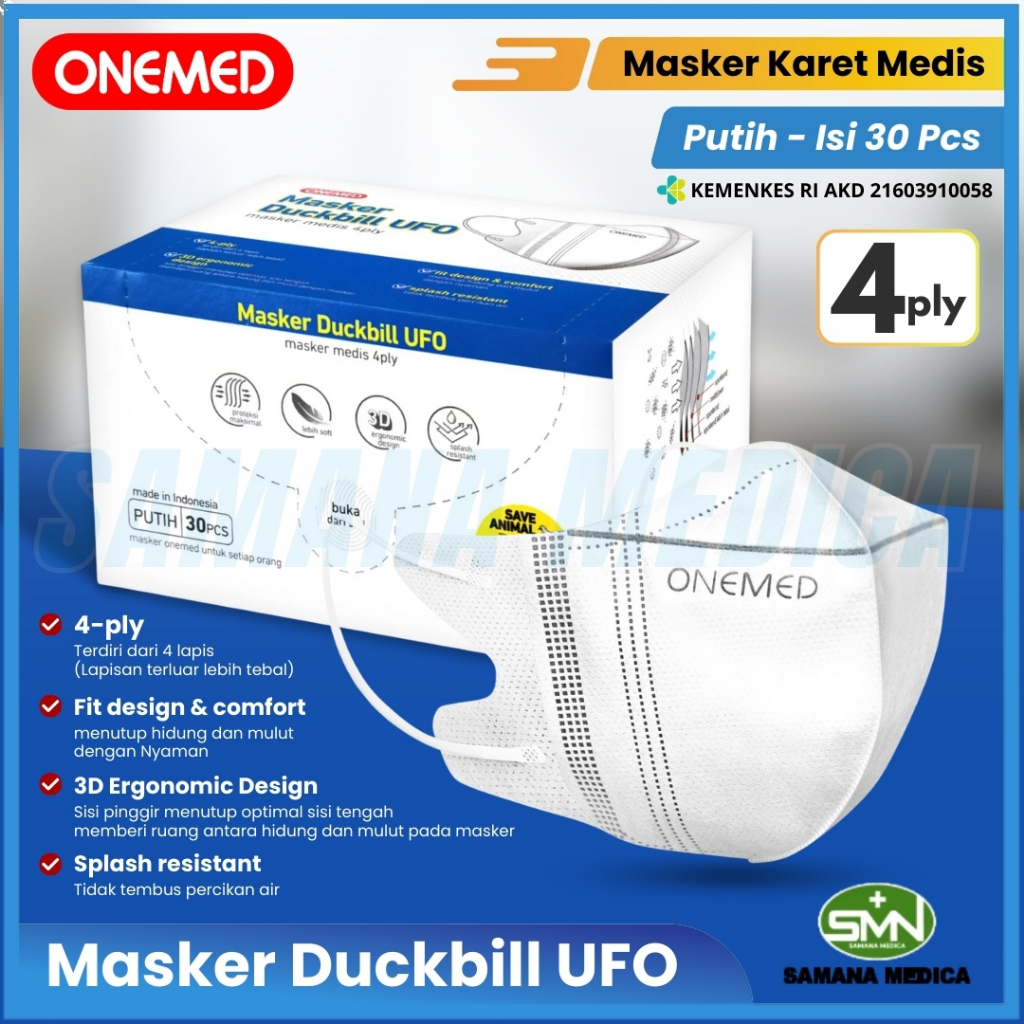Jual ONEMED - Masker Duckbill UFO 4ply - Masker Karet Medis Putih - Box ...