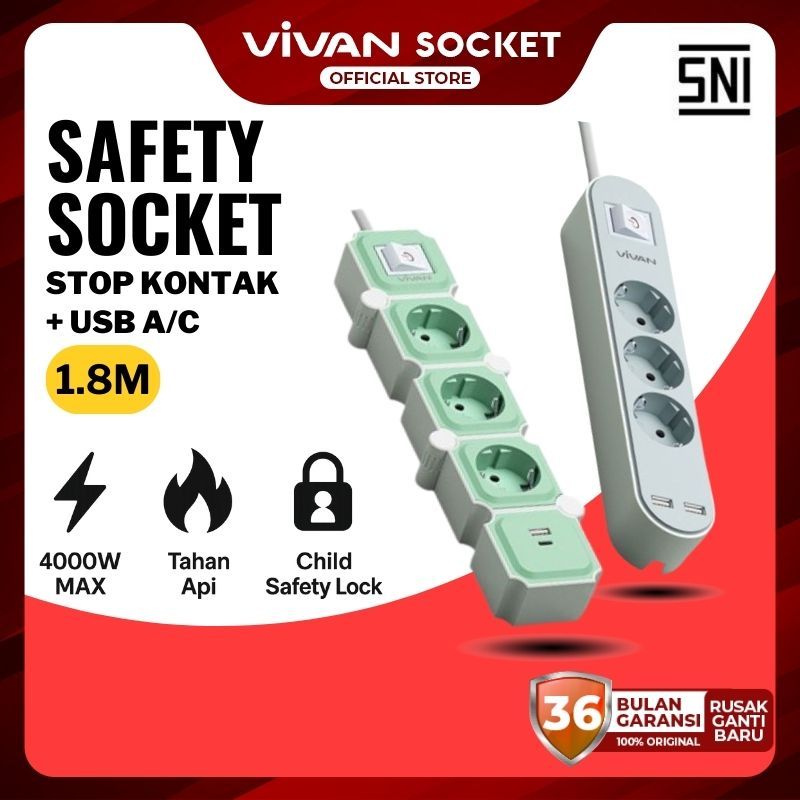 Jual VIVAN Safety Socket Stop Kontak + Kabel 1.8 Meter dengan 3-6 ...
