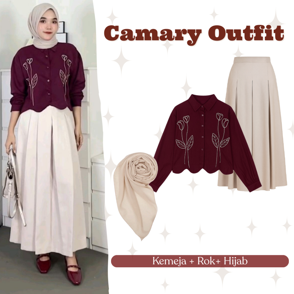 Jual Camary Outfit | OOTD Maroon Set Kemeja Camary + Rok Rempel + Hijab ...