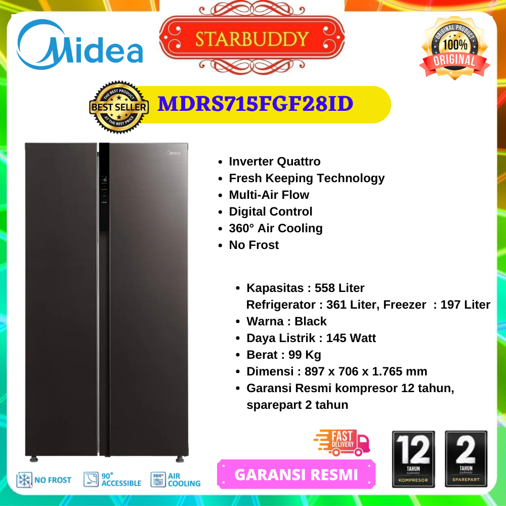 Jual KULKAS MIDEA SIDE BY SIDE MDRS715FGF28ID INVERTER BLACK | Shopee ...