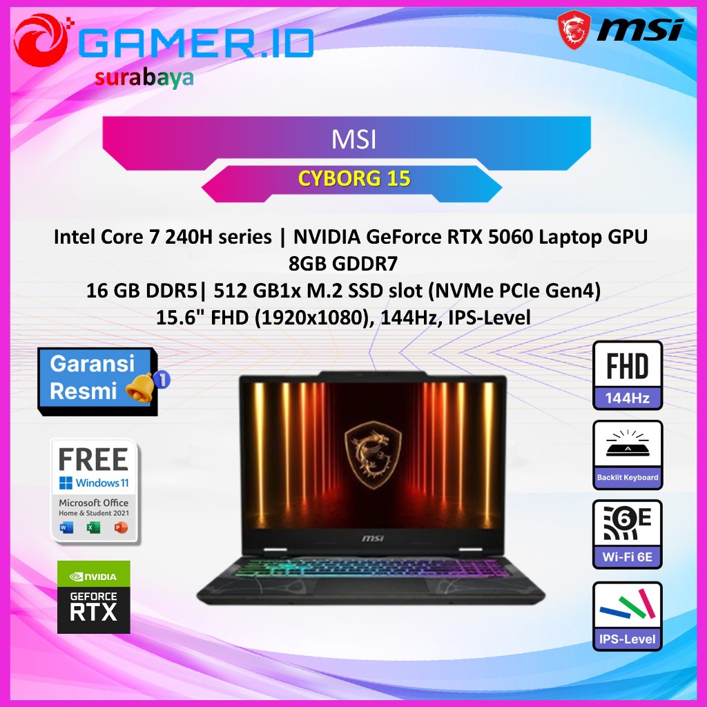 Jual LAPTOP MSI CYBORG 15 CORE I7 240H RTX5060 8GB/ 16GB 512GB 15.6FHD ...
