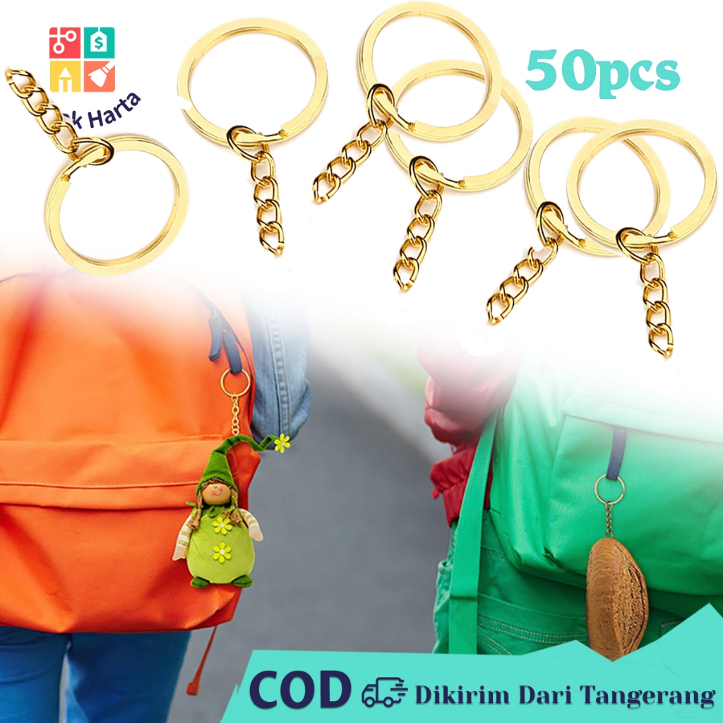 Jual 50pcs Ring Gantungan Kunci Bulat Gepeng Besi Ring Keychain 25 mm Ring O Emas Dengan Rantai ...
