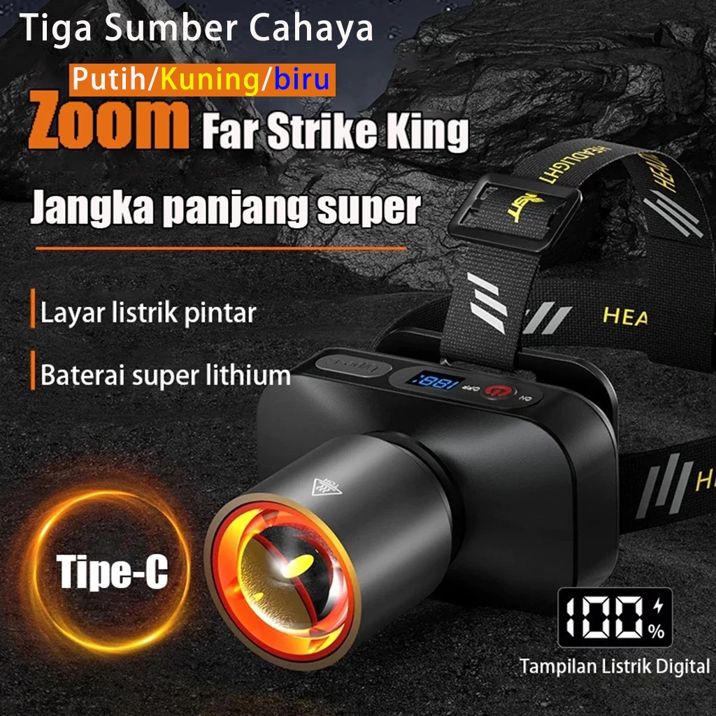 Jual Senter Kepala Super Terang Tampilan Digital Zoom Lampu Kepala ...