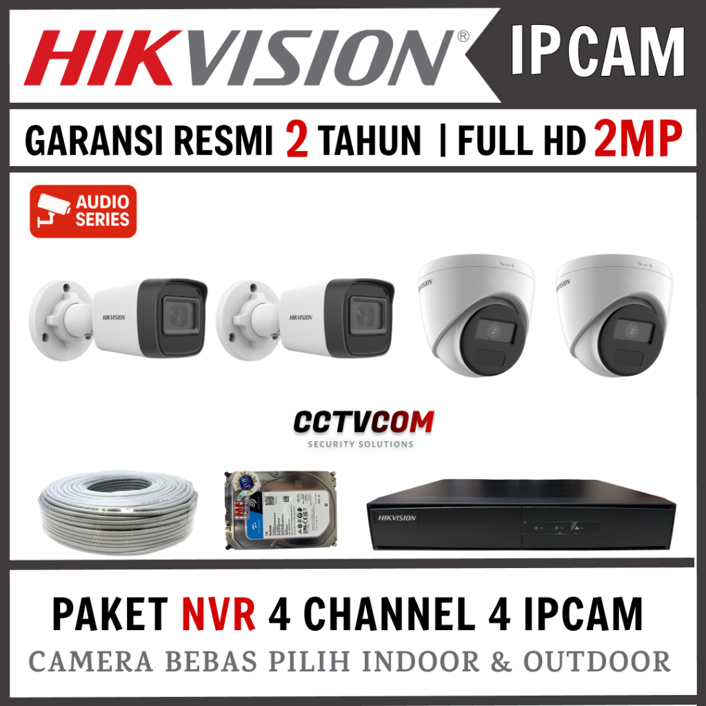 Jual Paket IP Camera Hikvision 2MP PoE 4 Channel 4 Camera Infrared ...