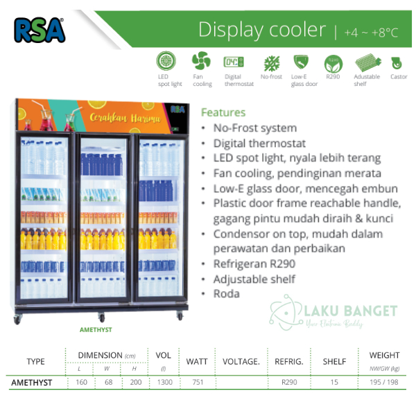 Jual Showcase Chiller 3 Doors 1300 Liter RSA Amethyst / Showcase ...