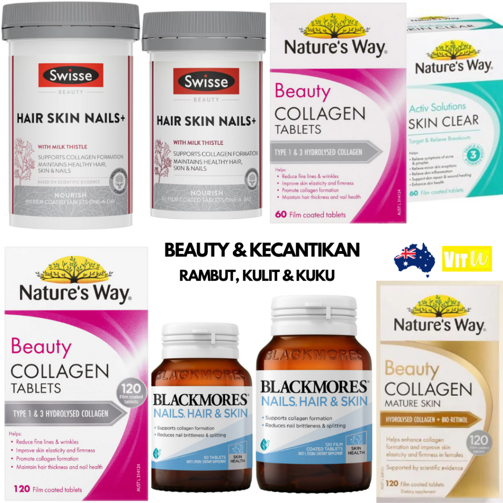 Jual Swisse Hair Skin Nails+ 60 tablet 100 tablets | Nature's Way Beauty Collagen 60 tablet 120 ...