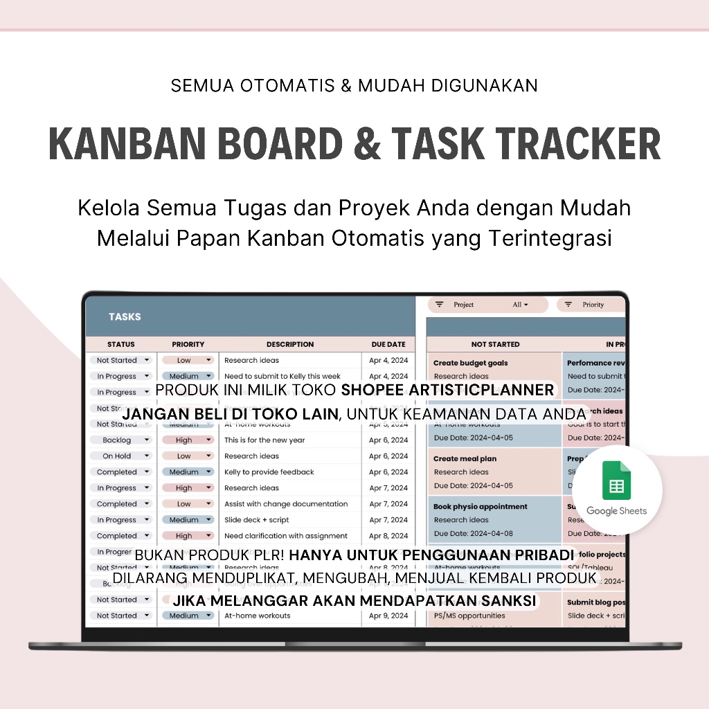 Jual Kanban Board & Task Tracker Spreadsheet | Task Tracker | To Do ...