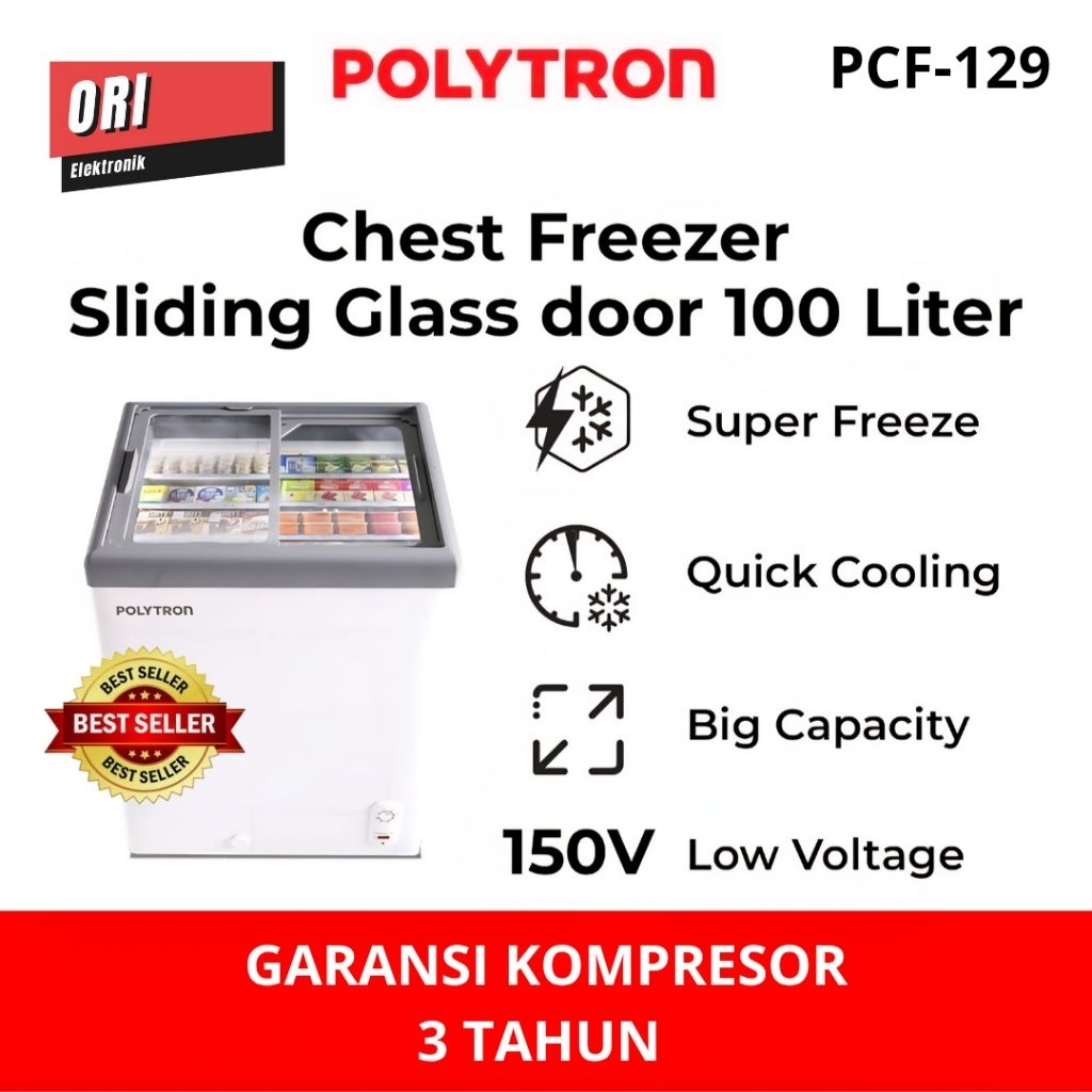 Jual POLYTRON CHEST FREEZER 100 LITER SLIDING GLASS PCF-129 BOX PEMBEKU ...