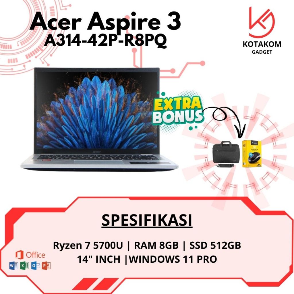 Jual Laptop Slim Acer Aspire 3 A314-42P-R8PQ with AMD Ryzen 7 5700U and ...