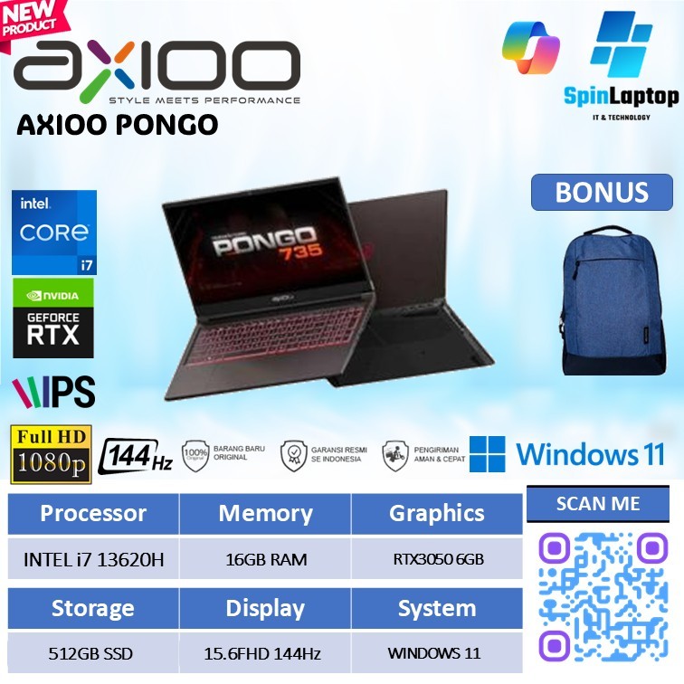 Jual AXIOO PONGO 735 i7 13620H RTX3050 6GB | RAM 16GB 512GB SSD 15.6FHD ...