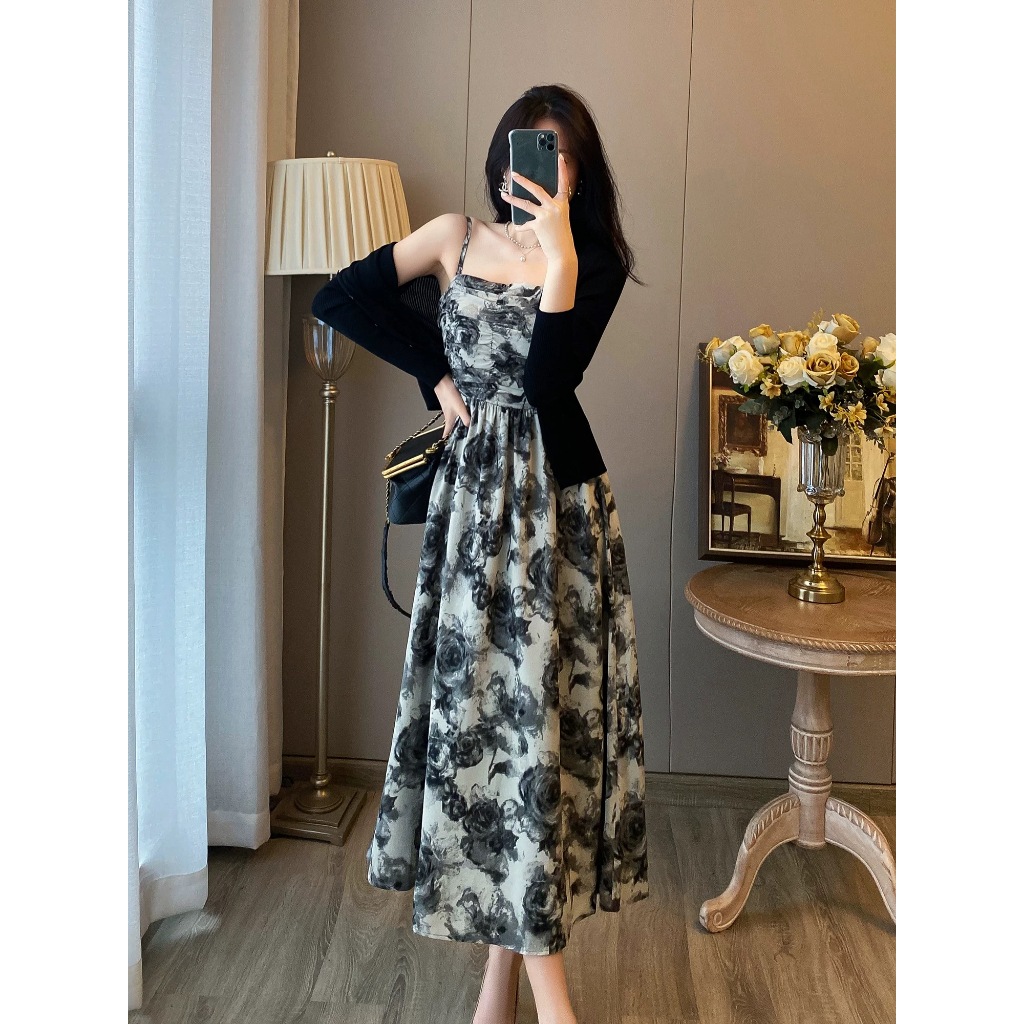 Jual YIMITA midi hitam korean style dress off shoulder floral dress ...