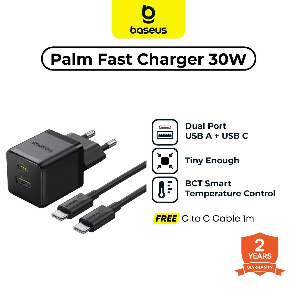 Jual BASEUS Set Charger Mini Palm Dual Output C+U 30W EU + Kabel C To C ...