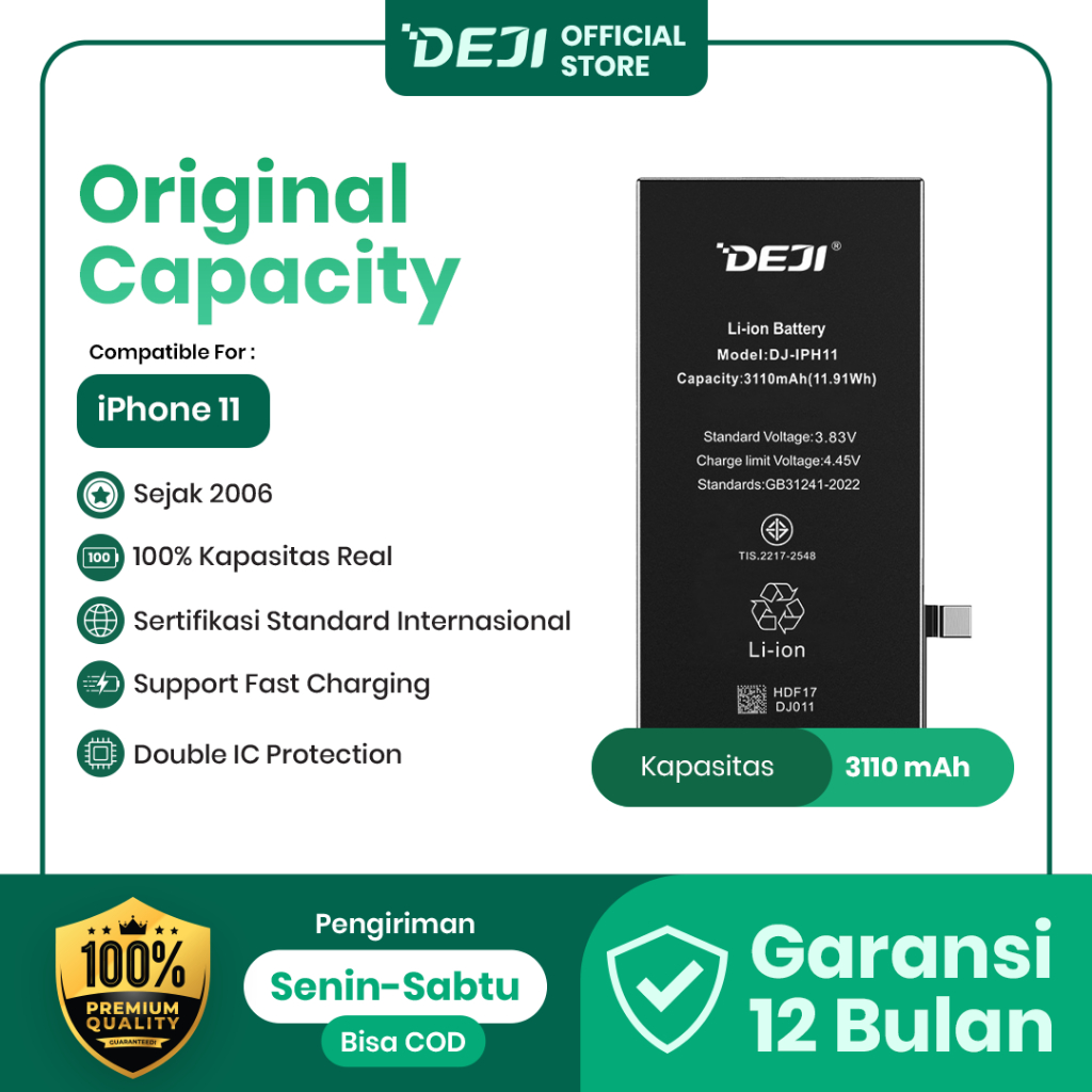 Jual DEJI Baterai iPhone 11 Li-ion 3110mAh 4.45V Original Capacity ...
