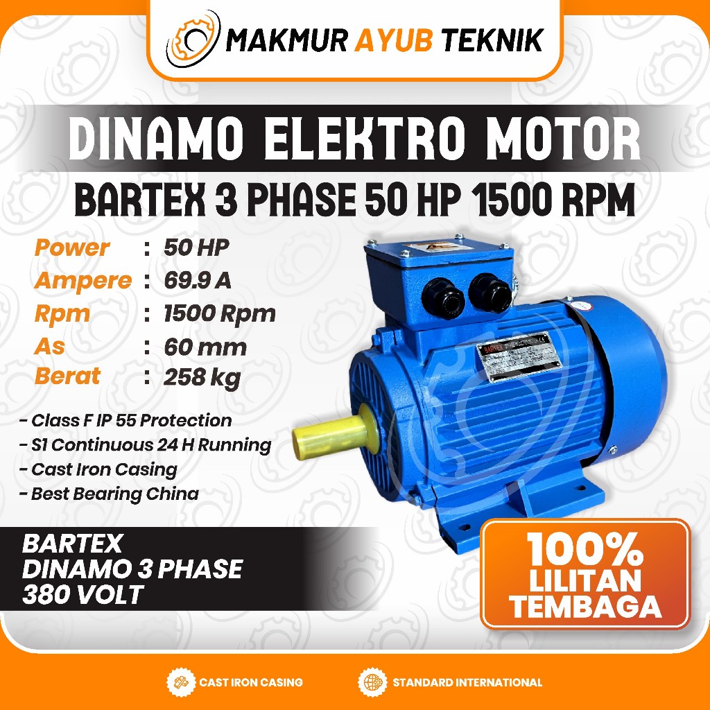 Jual MAT | BARTEX Dinamo 3 Phase 380v 50 HP 37000 Watt 100% Lilitan ...
