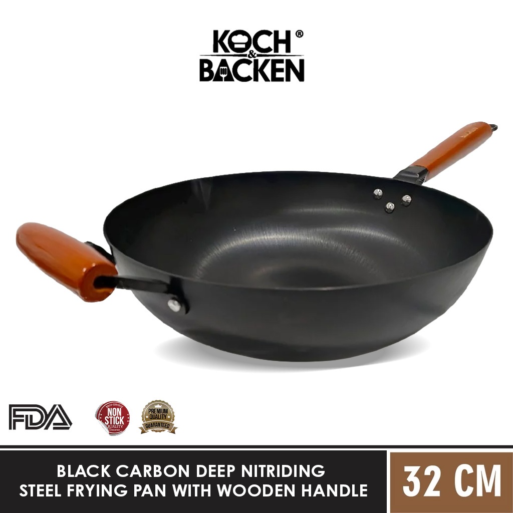 Jual KOCH&BACKEN Black Carbon Steel Nitrding Deep Fry 32cm + Wooden Lid ...