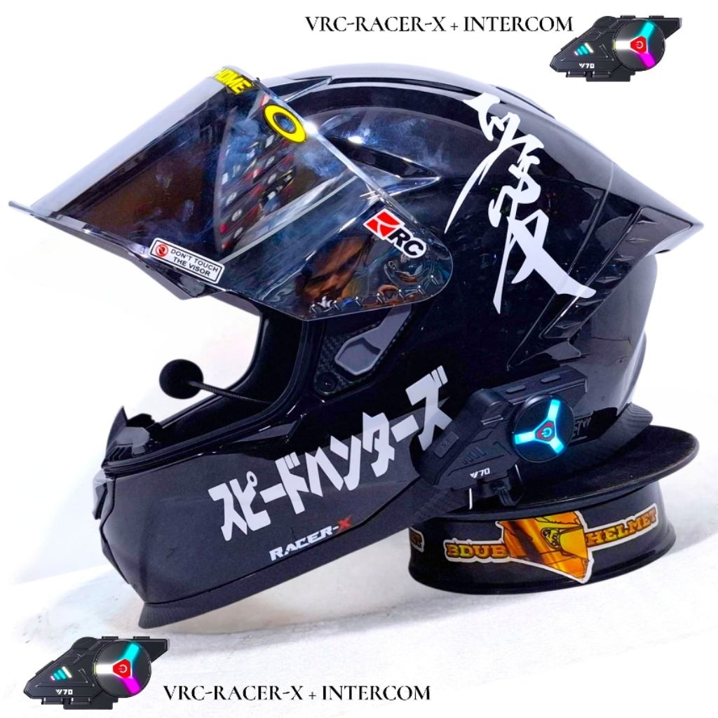Jual Helm Full face Vrc Black glos Kenji White free Intercom paket ...