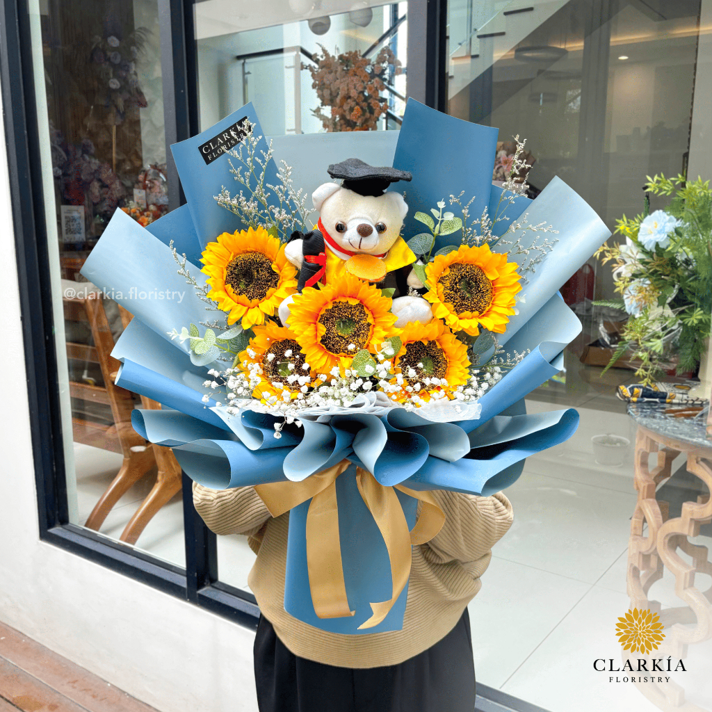 Jual Artificial 5 Sunflower Graduation Bouquet Clarkia | Buket Bunga ...