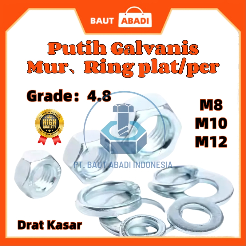 Jual Mur Ring plat Ring per Putih Galvanis M8 M10 M12 / hexagonal nuts ...