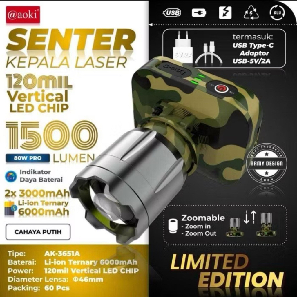 Jual (1000% ORIGINAL AOKI) Senter Kepala Aoki Led Zoom Seris Terginggi ...