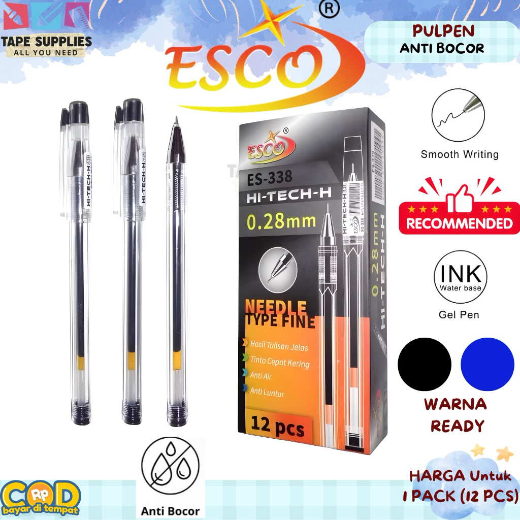 Jual (12 PCS) Pulpen ESCO HI-TECH-H ES-338 Gel Pen 0.28mm Needle Type ...